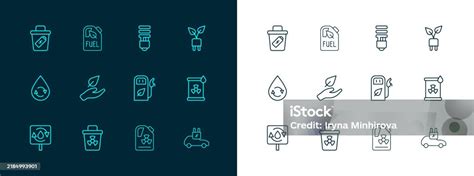 세트 라인 전기 절약 플러그 잎 전염성 폐기물 휘발유 또는 주유소 방사성 배럴 잎 손 Led 전구 쓰레기통 및 바이오 연료 용기 아이콘 벡터 Led 조명에 대한 스톡 벡터