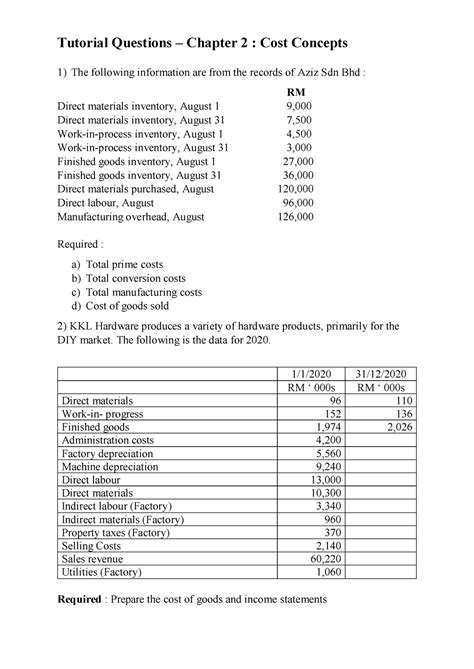 Tutorial Chapter 2 Cost Concepts Questions Tutorial Questions Chapter 2 Cost Concepts The