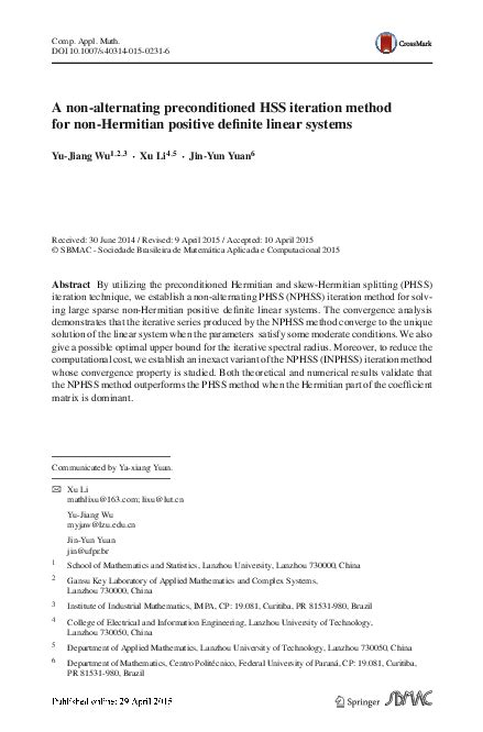 Pdf A Non Alternating Preconditioned Hss Iteration Method For Non Hermitian Positive Definite