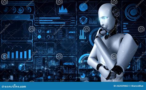 Thinking Ai Hominoid Robot Analyzing Hologram Screen Showing Concept Big Data Stock Illustration