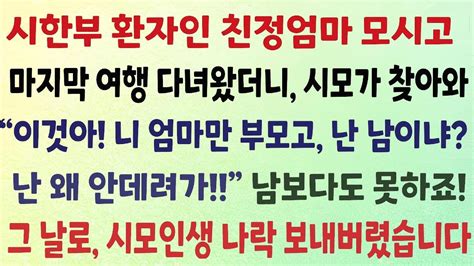 살날이 얼마 남지 않은 엄마와 마지막 여행을 다녀왔더니 시어머니가 찾아와 이것이 왜 나를 데려가지 않느냐 내가 남인가라고