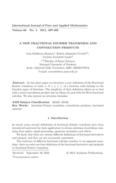 Pdf A New Fractional Fourier Transform And Convolution Products