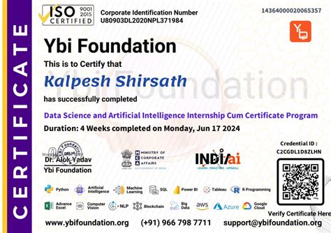 Kalpesh Shirsath On Linkedin Datascience Artificialintelligence Internship Certificate