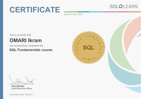 Ikram Omari On Linkedin Certificate Sql Database Sololearn