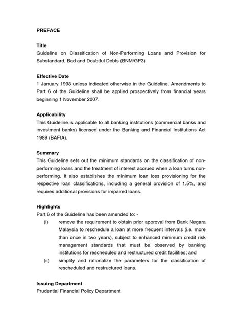 Guideline On Classification Of Npl And Provision For Substandard Bad