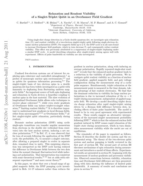Pdf Relaxation And Readout Visibility Of A Singlet Triplet Qubit In An Overhauser Field Gradient