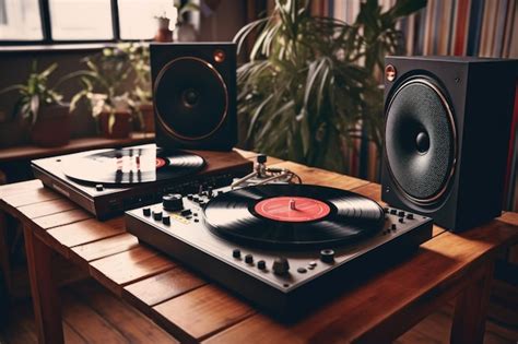 Premium Ai Image Vinyl Records And Headphones On Wooden Table Created With Generative Ai