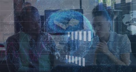 Animation Of Graphs And Globe Moving Over Diverse Colleagues Discussing Over Laptop In Office