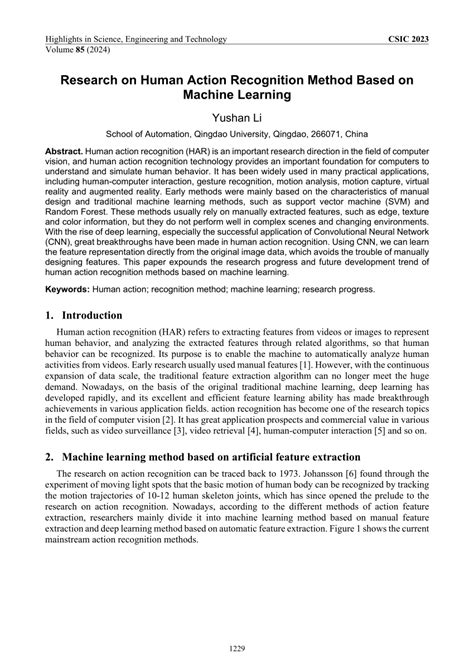 pdf research on human action recognition method based on machine learning