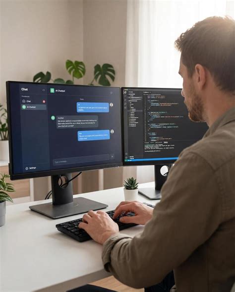 Male Software Developer Working On Dual Monitors Coding Programming At