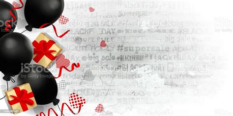 만화 스타일의 계절 판매 개념입니다 블랙 프라이데이 선물 상자 검은 풍선 및 추상적인 콘크리트 배경 마녀 텍스트에 대한 할인