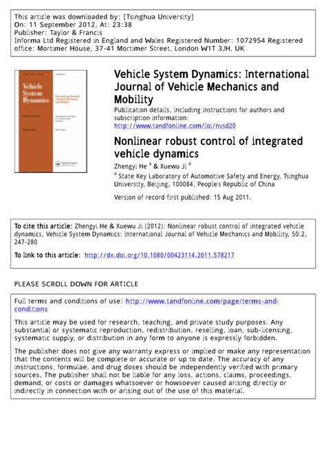 Pdf Nonlinear Robust Control Of Integrated Vehicle Dynamics