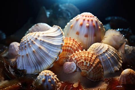 Close Up Of Various Types Of Sea Shells Useful For Beach Or Ocean Themed Designs Stock Image