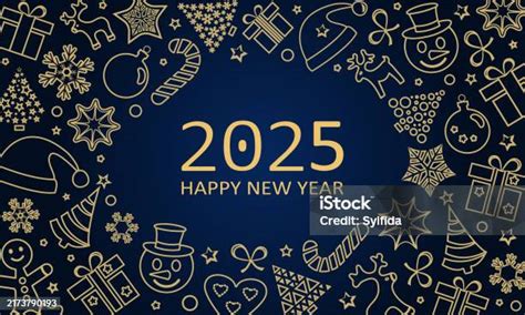 새해 2025 배경 황금 축하 카드 진한 파란색 Bg 산타 클로스 별 사슴 눈사람 크리스마스 트리 눈송이 모자 심장 공 사탕 지팡이 선물 상자에 휴일 장식 벡터 12월 31