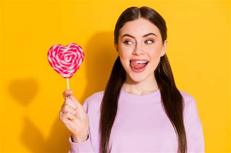 Premium Photo Closeup Portrait Of Pretty Cute Funky Girlish Girl Licking Lip Look Sugar Candy