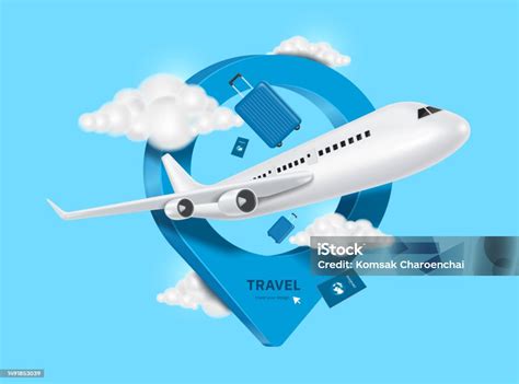 비행기 구름 파란색 여권 수하물 또는 수하물이 나타나고 여행 디자인을위한 큰 핀 위치 앞에 표시됩니다 비행기에 대한 스톡 벡터 아트 및 기타 이미지 Istock