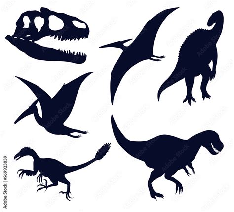 Set Of Dinosaurs And Pterosaurs Silhouettes On White Tyrannosaurus Pteranodon Pterodactylus