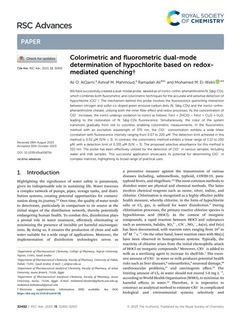 Pdf Colorimetric And Fluorometric Dual Mode Determination Of Hypochlorite Based On Redox