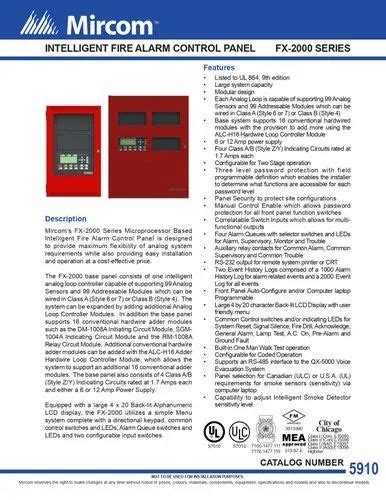 1 Loop Upto 5 Loop Capacity Mircom Fire Alarm Control Panel Fx 2000