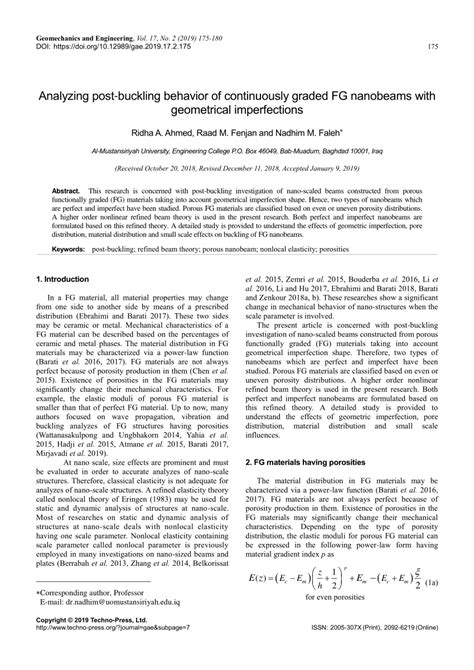 Pdf Analyzing Post Buckling Behavior Of Continuously Graded Fg Nanobeams With Geometrical