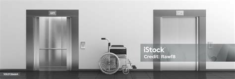 휠체어 빈 고 열리고 닫힌 문 엘리베이터 배너 3 차원 일러스트 레이 션 병원에 대한 스톡 사진 및 기타 이미지 병원 엘리베이터 그리스 Istock