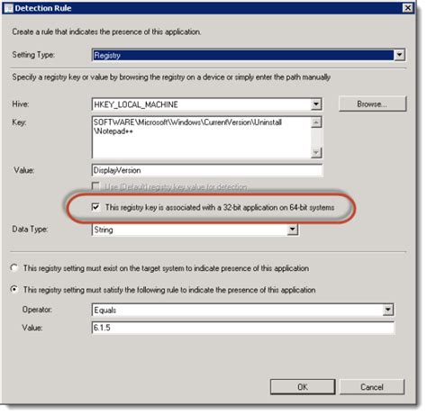registry detection rule in a deployment type for 32 bit application