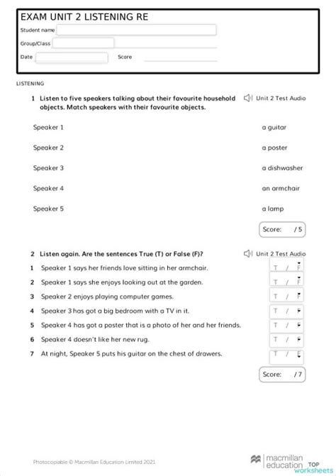 Exam Unit 2 Part 1 Listening Re Interactive Worksheet Topworksheets