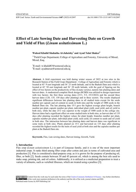 Pdf Effect Of Late Sowing Date And Harvesting Date On Growth And Yield Of Flax Linum