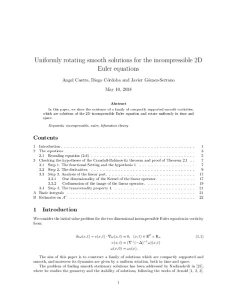 Pdf Uniformly Rotating Smooth Solutions For The Incompressible 2d Euler Equations