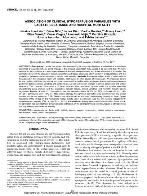 Pdf Association Of Clinical Hypoperfusion Variables With Lactate Clearance And Hospital Mortality