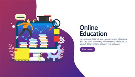 컴퓨터도 서와 연구 과정에서 작은 사람들이 문자 E학습 개념 전자도 서 또는 온라인 교육입니다 웹 페이지 배너 프레 젠 테이 션