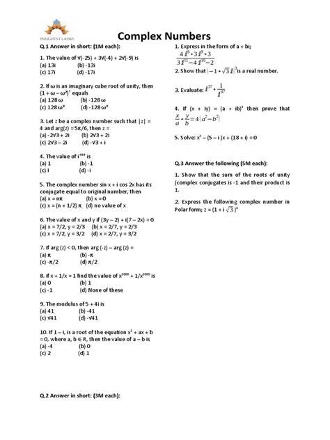 Complex Numbers Class 11 Pdf Complex Number Algebra
