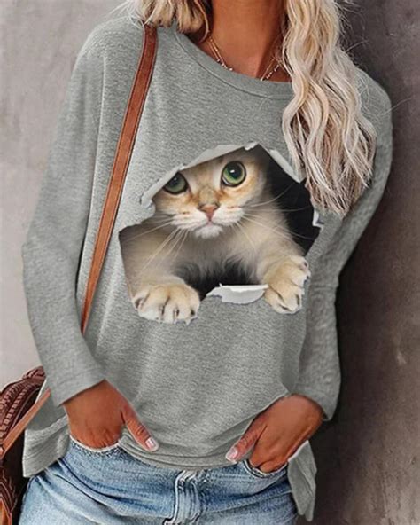 Купити Жіночі осінні та зимові футболки з довгими рукавами та круглим вирізом Сорочки з котячими