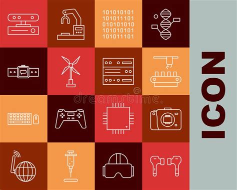 Set Line Air Headphones Mirrorless Camera Factory Conveyor System Belt Binary Code Wind