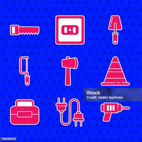 나무 도끼 전기 플러그 드릴 머신 교통 콘 도구 상자 쇠톱 흙과 손 아이콘을 설정합니다 벡터 강철에 대한 스톡 벡터 아트 및