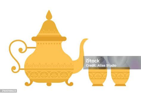 아랍 차 주전자 황금 빈티지 중동 그릇과 뜨거운 음료를 위한 컵 장식품이 있는 귀금속 식기 미니멀리스트 평면 벡터 그림 격리 골동품에 대한 스톡 벡터 아트 및 기타 이미지