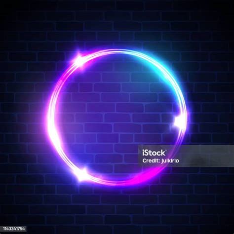 어두운 벽돌 벽 배경에 네온 불빛으로 빛나는 원 3d 네온 빛 텍스트에 대 한 빈 공간을 광고 튜브 배너입니다 나이트 클럽 전기 표지판 라운드 밝은 프레임 색상 벡터