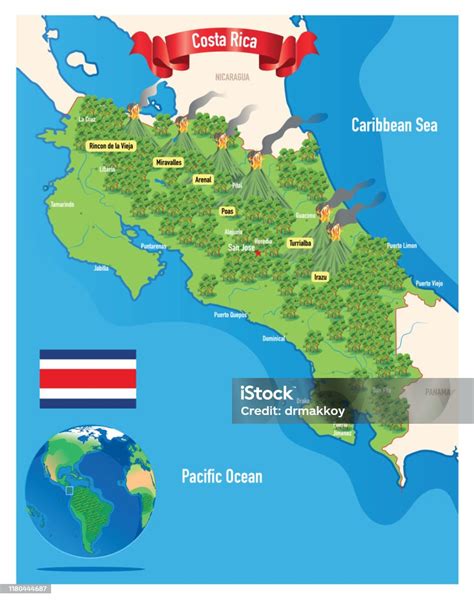 코스타리카 여행지도 산호세 푸에르토 리몬 알라주엘라 헤레디아 신코 에스키나스 데삼파라도스 라이베리아 푼타레나스 산 비센테 바란카 스톡 삽화 알라주엘라 시티 중앙 아메리카