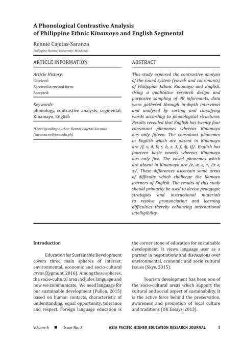 Pdf A Phonological Contrastive Analysis Of Philippine Ethnic Kinamayo And English Segmental