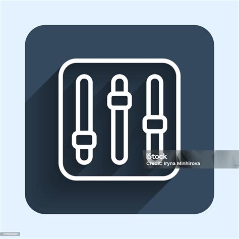 흰색 선 사운드 믹서 컨트롤러 아이콘이 긴 그림자 배경으로 격리되어 있습니다 Dj 장비 슬라이더 버튼 믹싱 콘솔 파란색 사각형 버튼입니다 벡터 Dj에 대한 스톡 벡터 아트