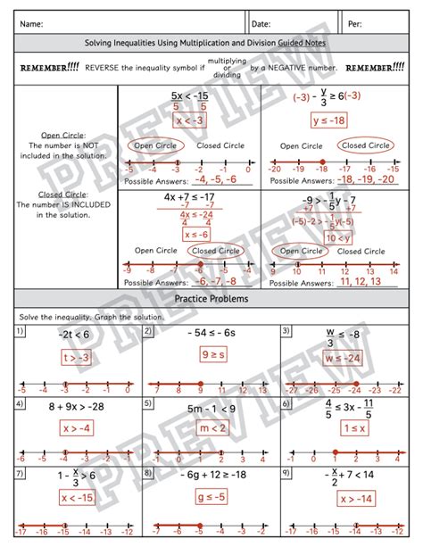 Solving Inequalities With Multiplication And Division Guided Notes And