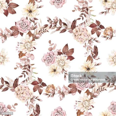 장식 디자인을 위한 수채화 가을 나뭇잎과 꽃이 있는 아름다운 매끄러운 패턴 꽃 구성 손으로 그린 그림입니다 자연 가을 배경 벽지 섬유 디자인 가을에 대한 스톡 벡터 아트 및