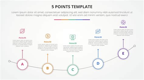 5 포인트 스테이지 템플릿 인포그래픽 슬라이드 프레젠테이션 컨셉 곡선에 윤 원과 평평한 스타일의 5 포인트 목록 프리미엄 벡터