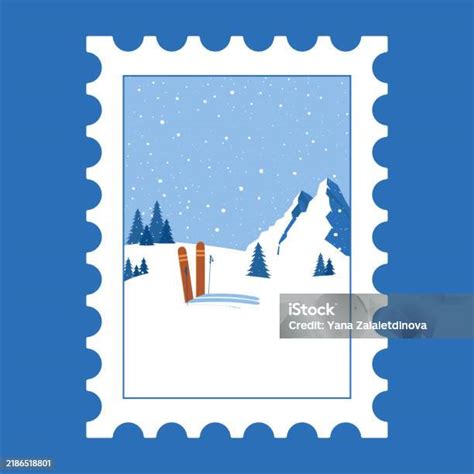 스탬프 메리 크리스마스안녕하세요 겨울추운 계절 축하를 위해 산에서 스키와 전나무와 함께 인사말 텍스트 Stickersposter 인사말 카드 Snowflakeholiday