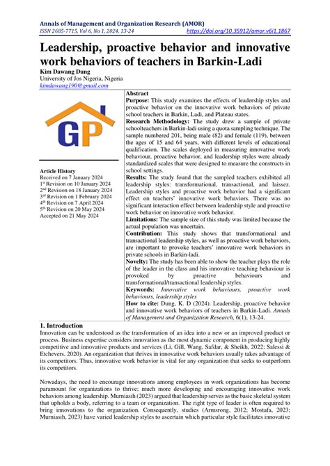 Pdf Leadership Proactive Behavior And Innovative Work Behaviors Of Teachers In Barkin Ladi