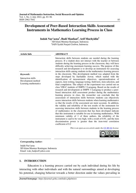 Pdf Development Of Peer Based Interaction Skills Assessment Instruments In Mathematics