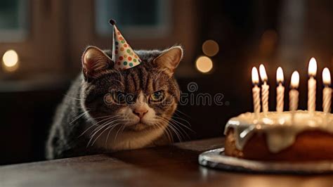 Grumpy Cat Celebrates Birthday With Tiny Party Hat Cozy Indoor Setting Humor Close Up View Stock