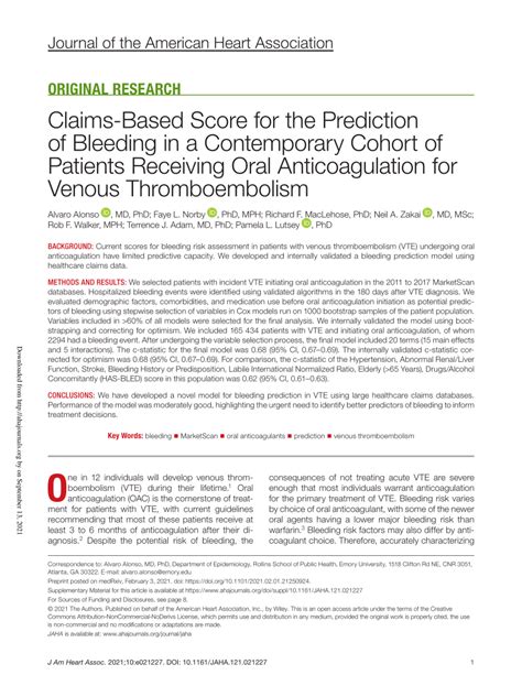 Pdf Claims‐based Score For The Prediction Of Bleeding In A Contemporary Cohort Of Patients