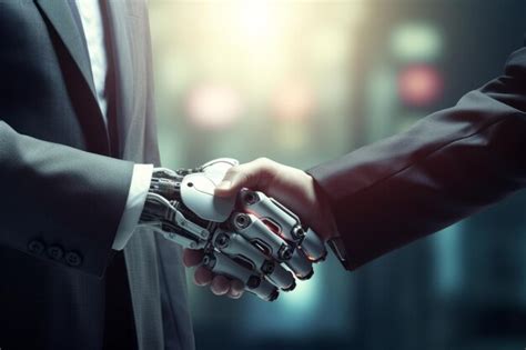 Premium Photo The Robot Shakes The Mans Hand Cooperation Of People And Machines