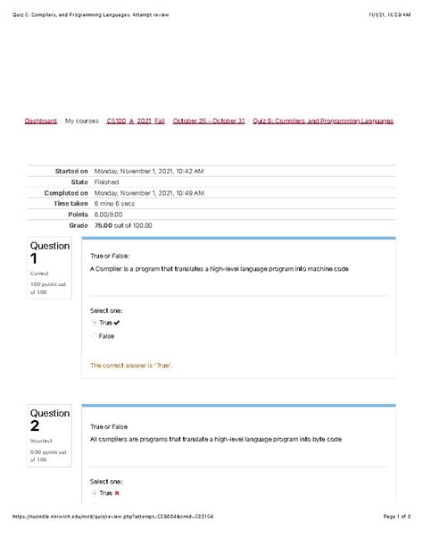 Quiz Review CS Work Quiz Compilers And Programming Languages Attempt Review